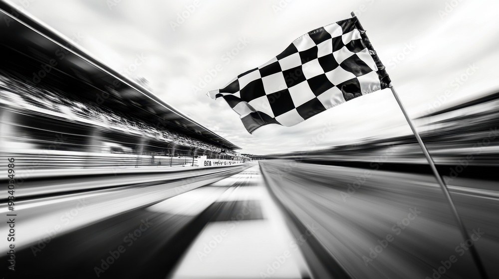 Waving checkered flag signaling the end of a race against a blurred racetrack backdrop Black and ...