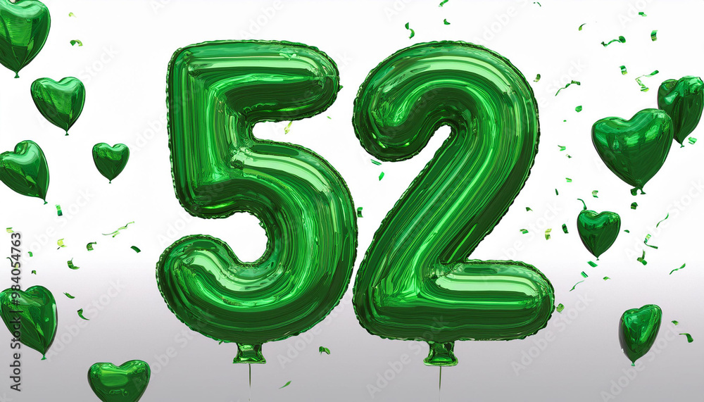 Green birthday / anniversary balloon, number 52, white background with ...