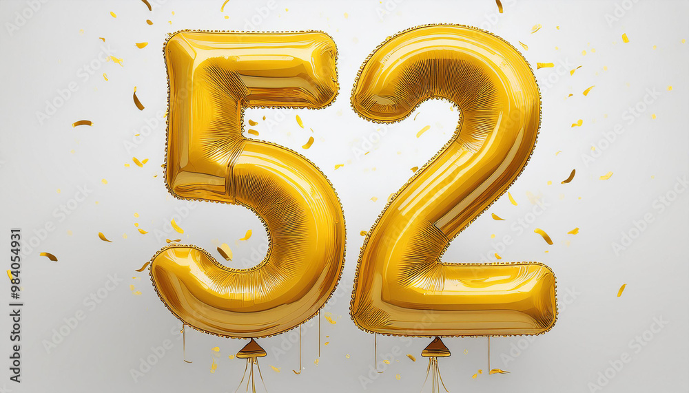 Yellow birthday / anniversary balloon, number 52, white background with ...