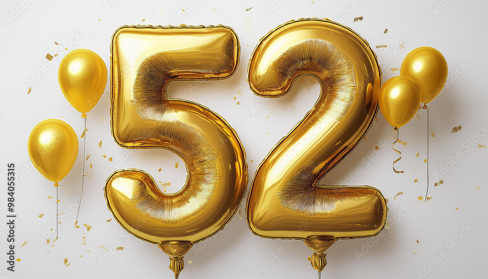 Gold birthday / anniversary balloon, number 52, white background with ...