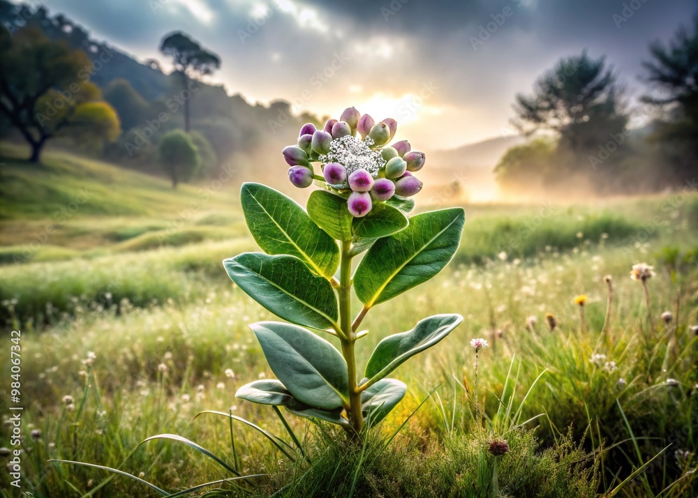 In the misty dawn, a chibi cave painting of a faded Calotropis appears ...