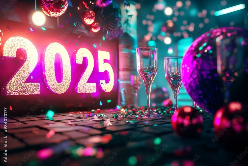 New Year's Eve Party with Neon 2025 Sign, Confetti, and Festive ...