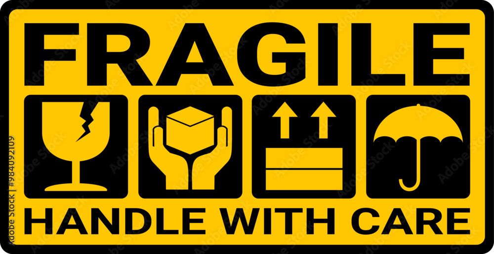 sticker fragile handle with care, black and yellow fragile warning ...
