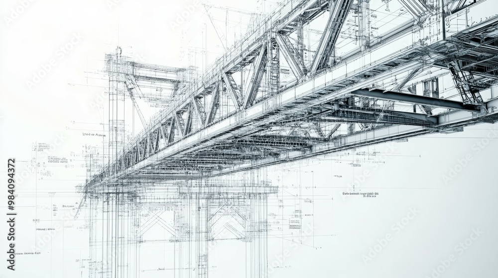A highly detailed CAD drawing of a bridge structure, captured in a ...