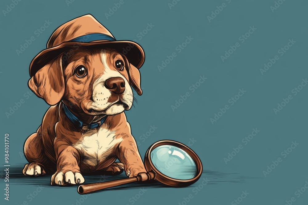 cartoon detective dog, cartoon dog detective with hat and magnifying ...