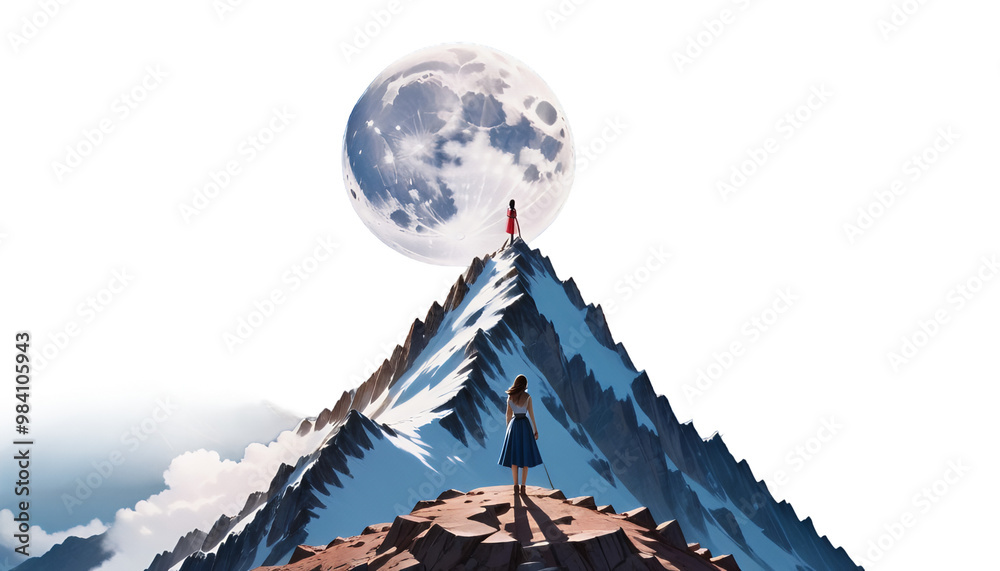 sky moon woman painting big top standing mountain illustration ...