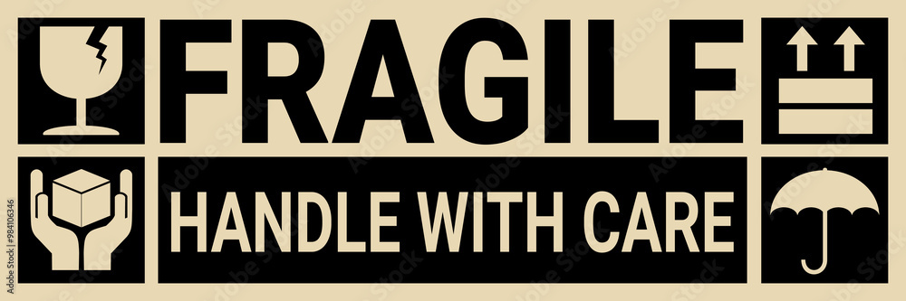 sticker fragile handle with care, black and brown fragile warning label ...