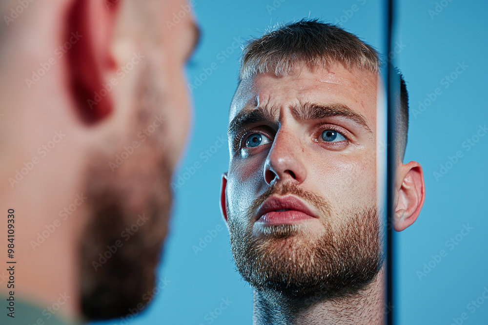 a worried young man looking in the mirror, severe depression and ...