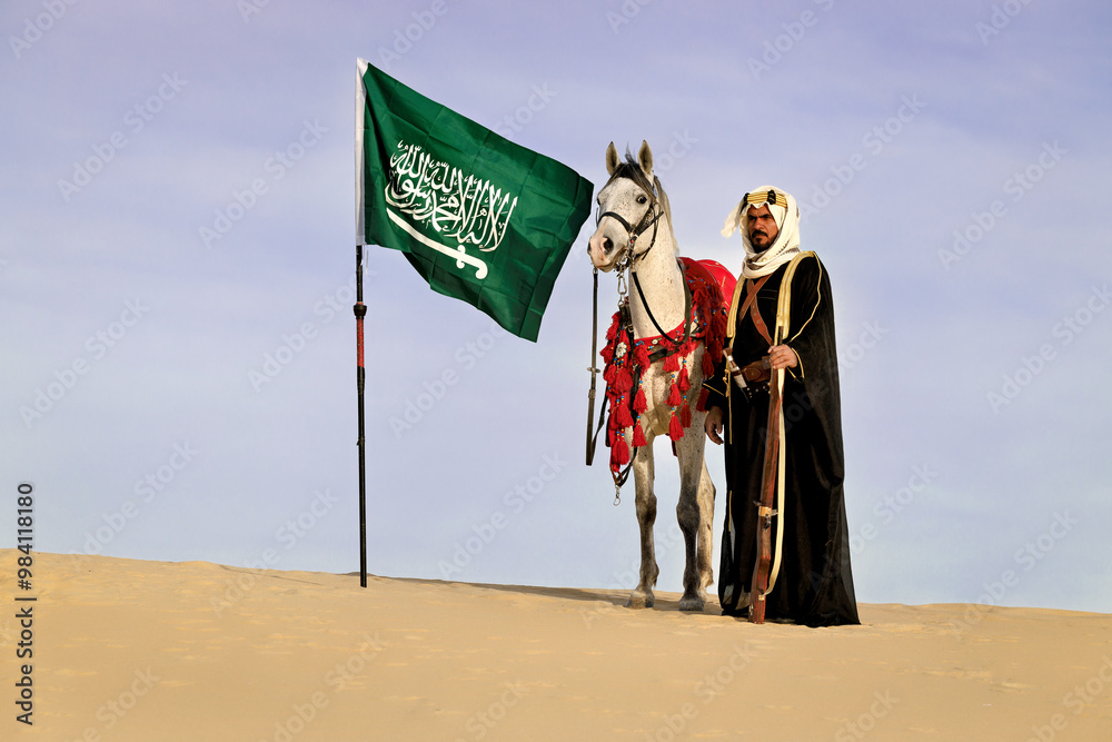 Arabian Warrior riding his white stallion celebrating National Saudi ...