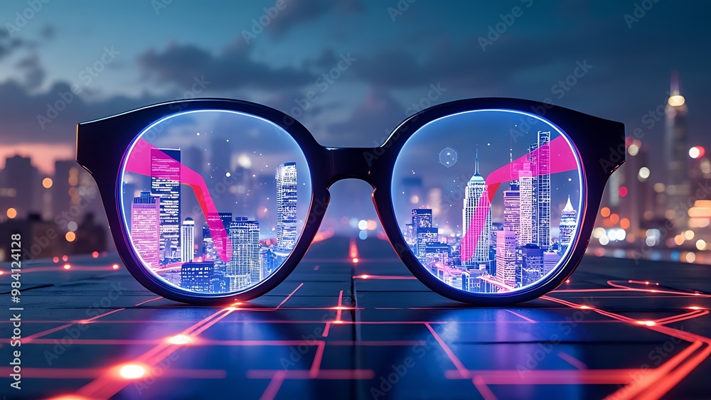 Augmented reality (AR) glasses displaying a vibrant cityscape overlay, showcasing digital ...