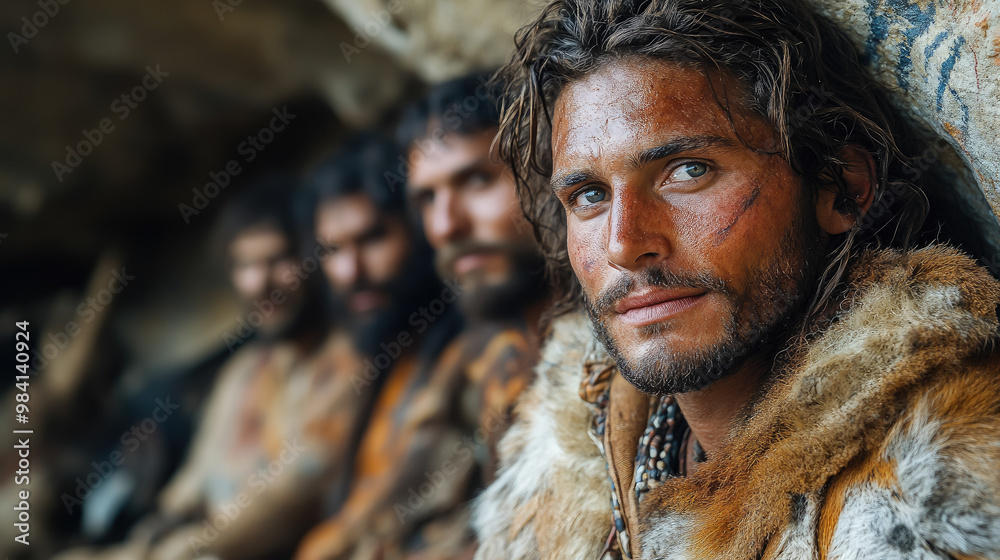 primitive man, Cro-Magnon or Neanderthal against the background of a ...