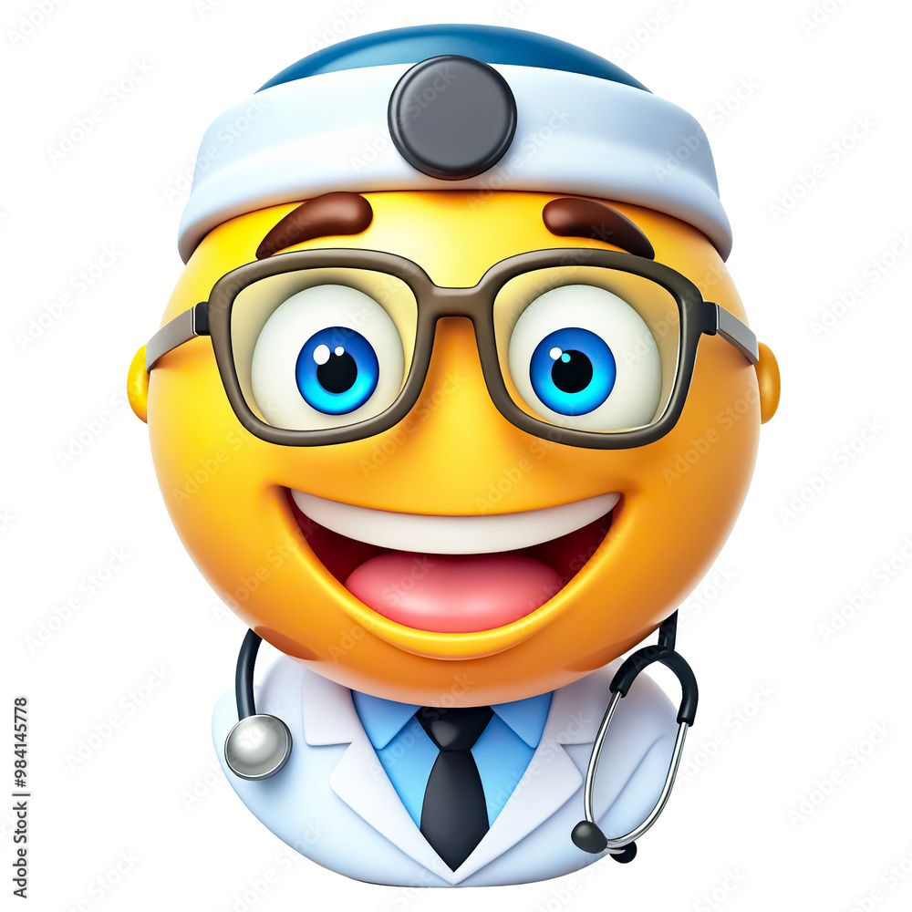 A cheerful emoji doctor wearing glasses, a white lab coat, and a head ...