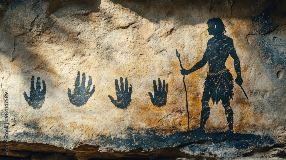 primitive man, Cro-Magnon or Neanderthal against the background of a ...