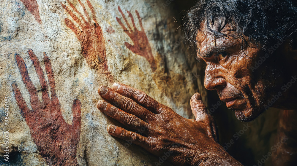 primitive man, Cro-Magnon or Neanderthal against the background of a ...