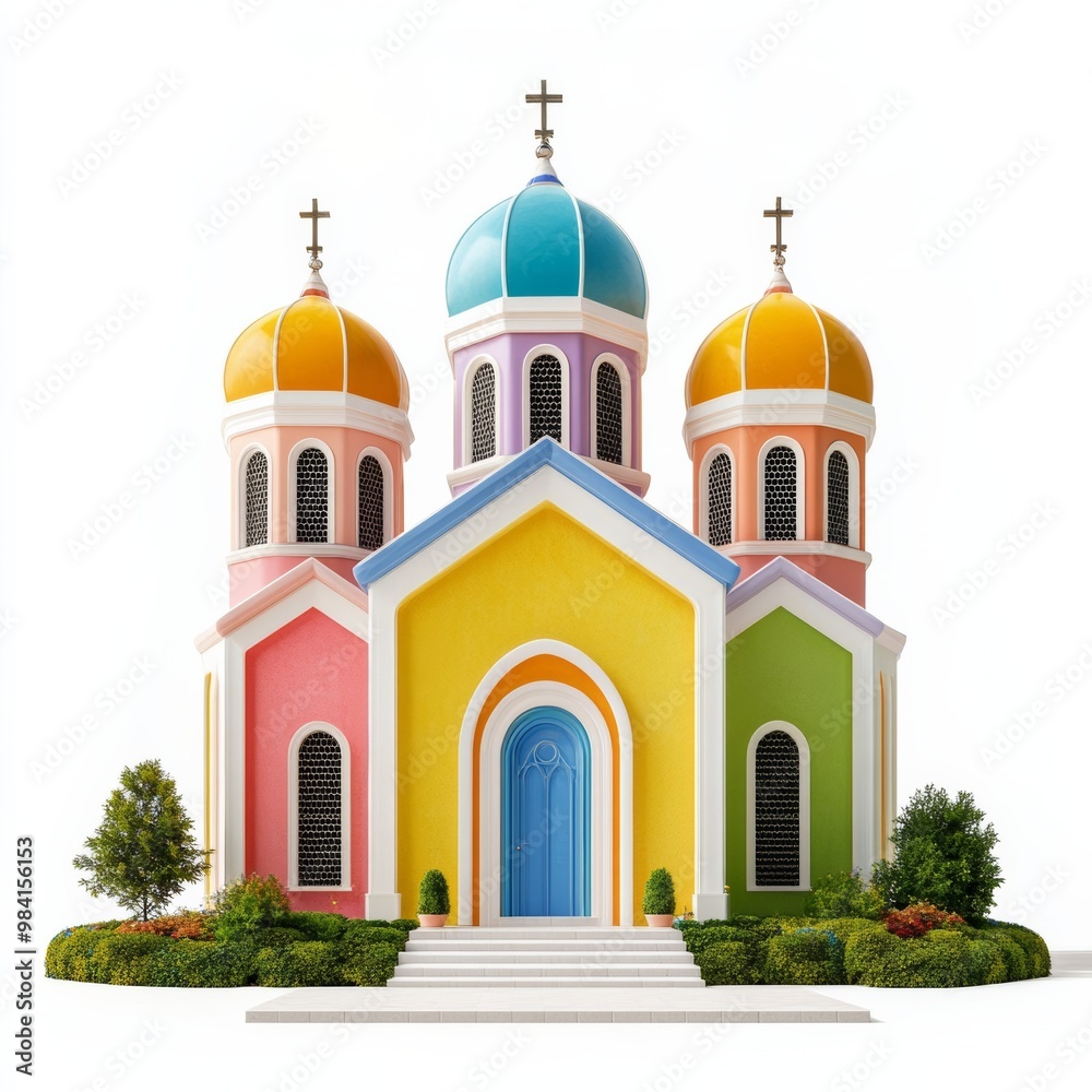 Quirky church with asymmetrical towers and bright colored walls in a ...