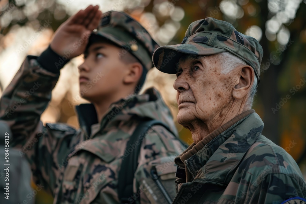 Veteran and Young Soldier Saluting at Armistice Day Ceremony in Front ...