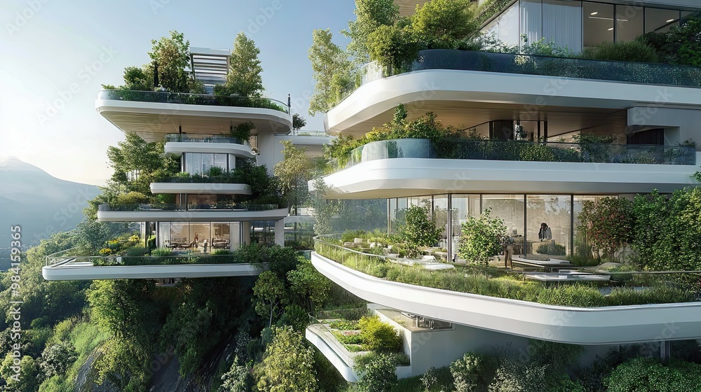 Modern Multi-Level Building with Green Roofs and Balconies Stock Photo ...