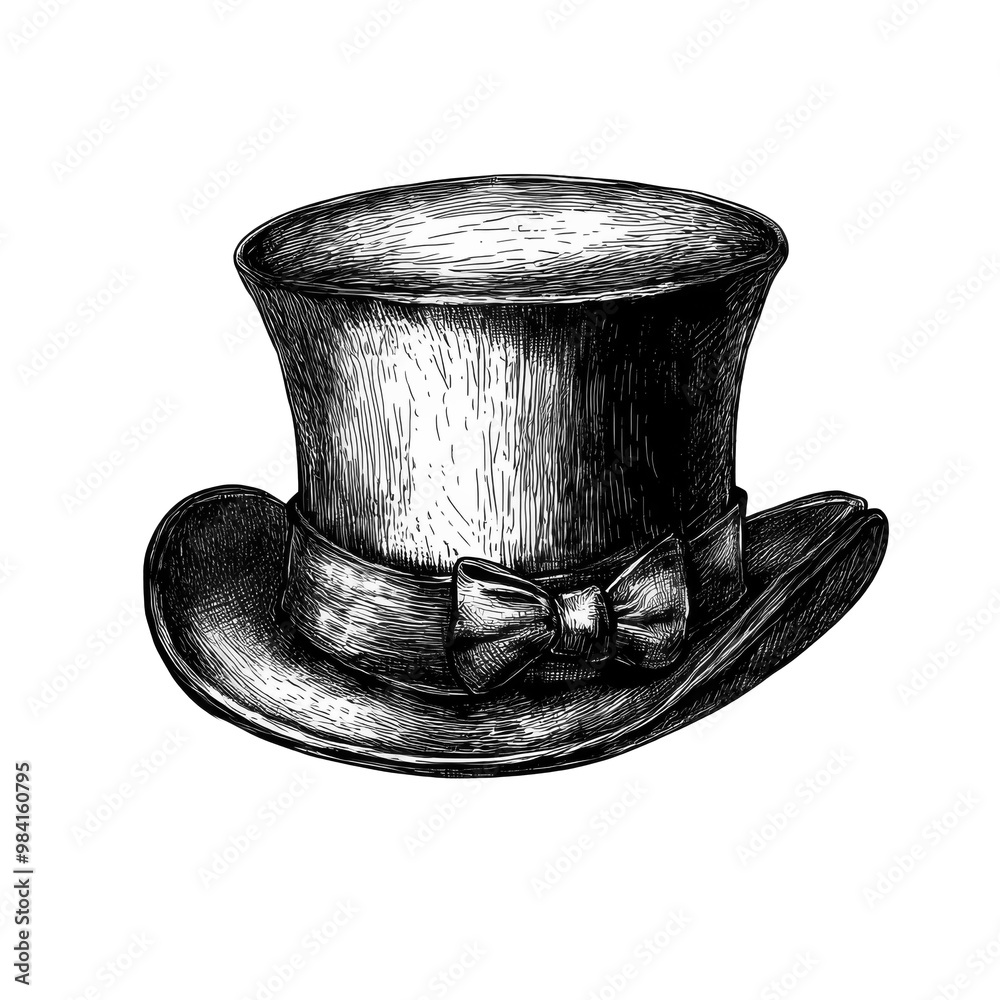 vintage engraving of a classic top hat with bow tie, victorian era ...