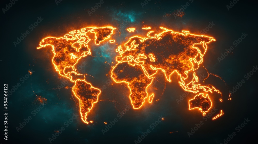 Global Impact: Illuminated Digital World Map Showing Climate Change Hot ...
