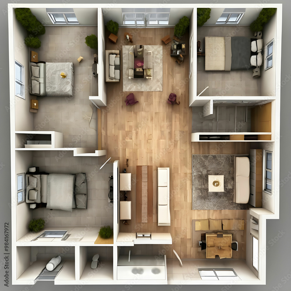 Floor plan of a house top view 3D illustration Open concept living ...