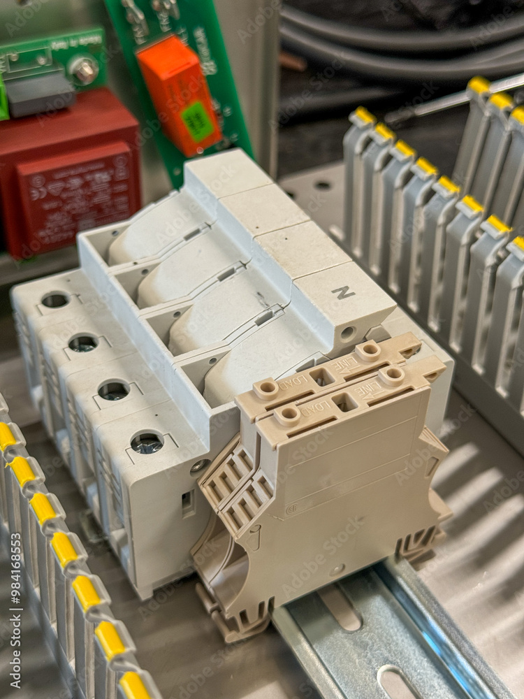 A detailed close-up of an electrical panel, showcasing precision and ...