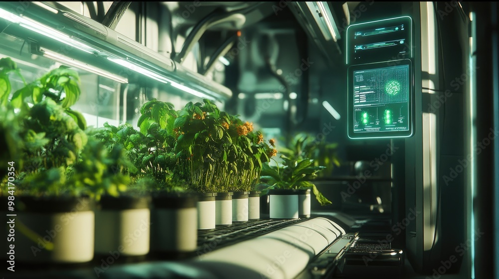 Ilustración de Stock Zooming in, you see a sleek, futuristic setup. The ...