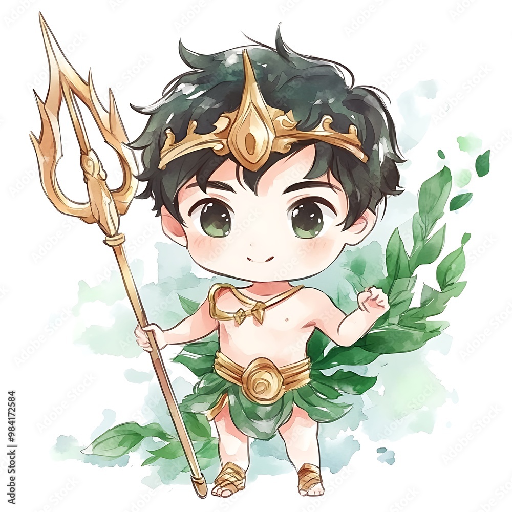 Cute Chibi Poseidon Illustration with Watercolor Background. Stock ...