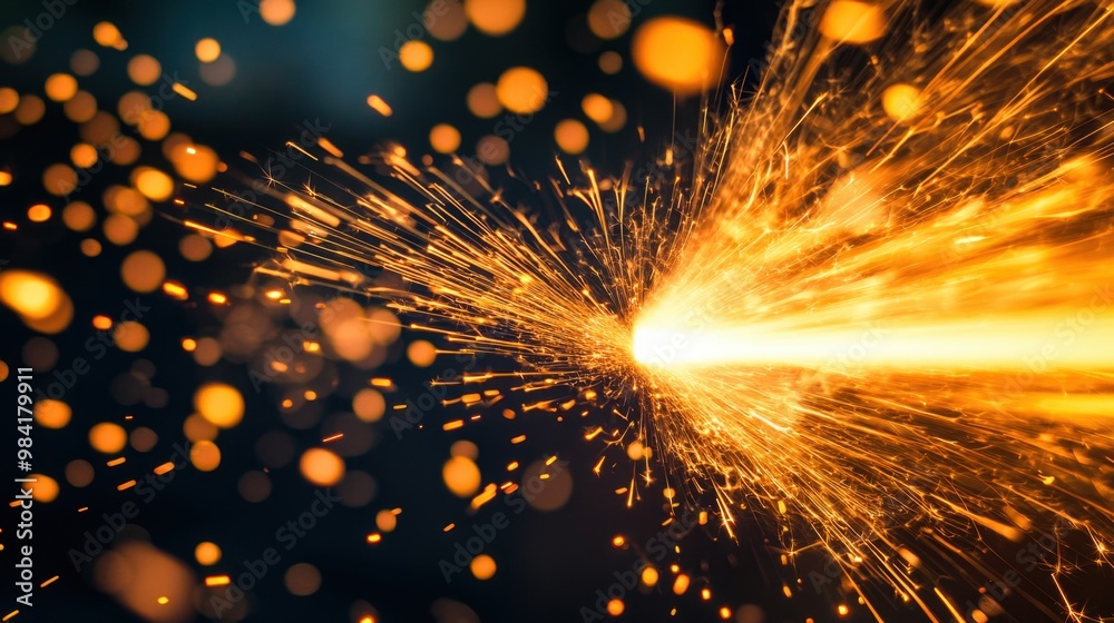 Dynamic sparks of fire bursting from a source against a black backdrop ...