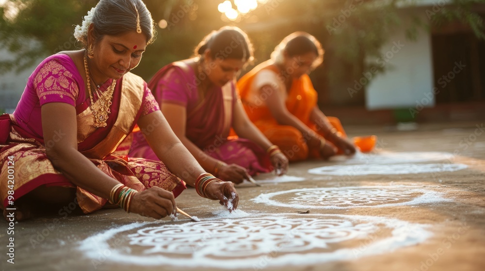 Indian village scene with women drawing kolam patterns outside their ...