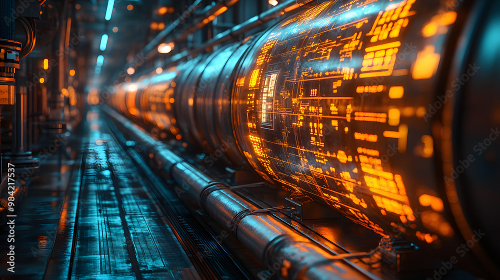 Futuristic industrial corridor showcasing illuminated pipelines with ...