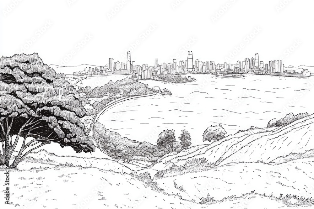 Line art illustration showcasing a panoramic view from a hill featuring ...