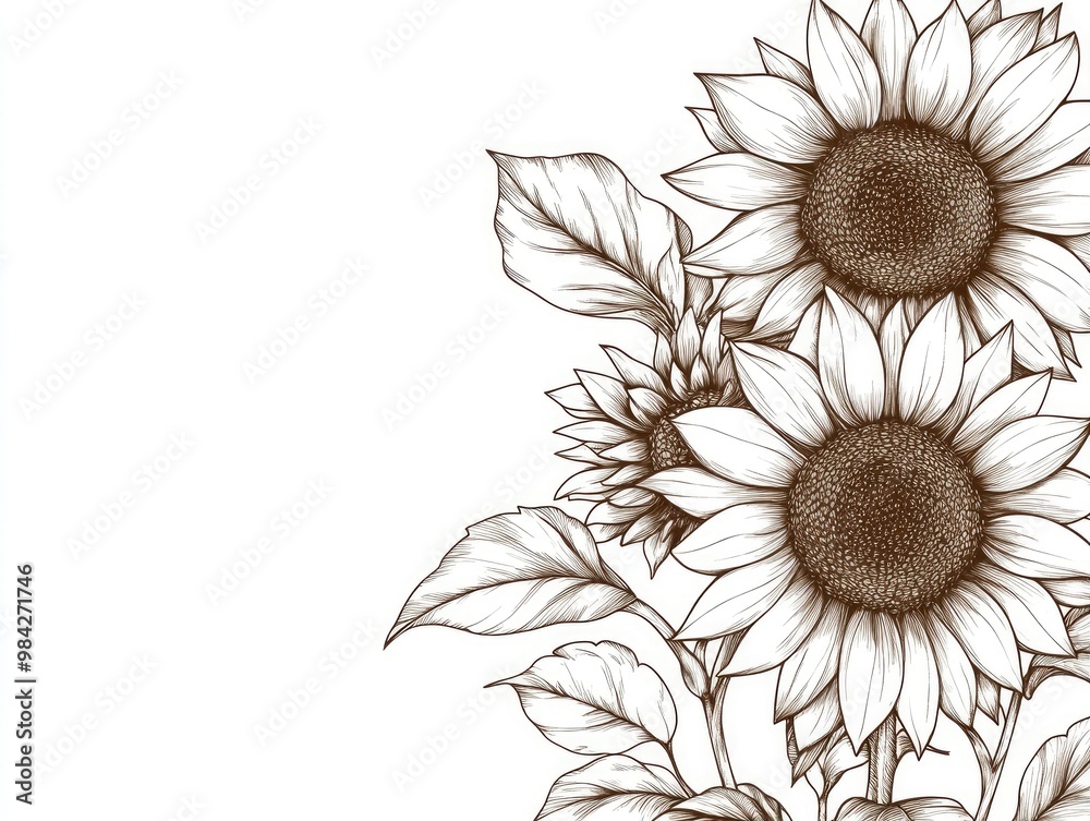 Line Drawing of Sunflowers Floral Frame Art Fine Line Illustration of ...