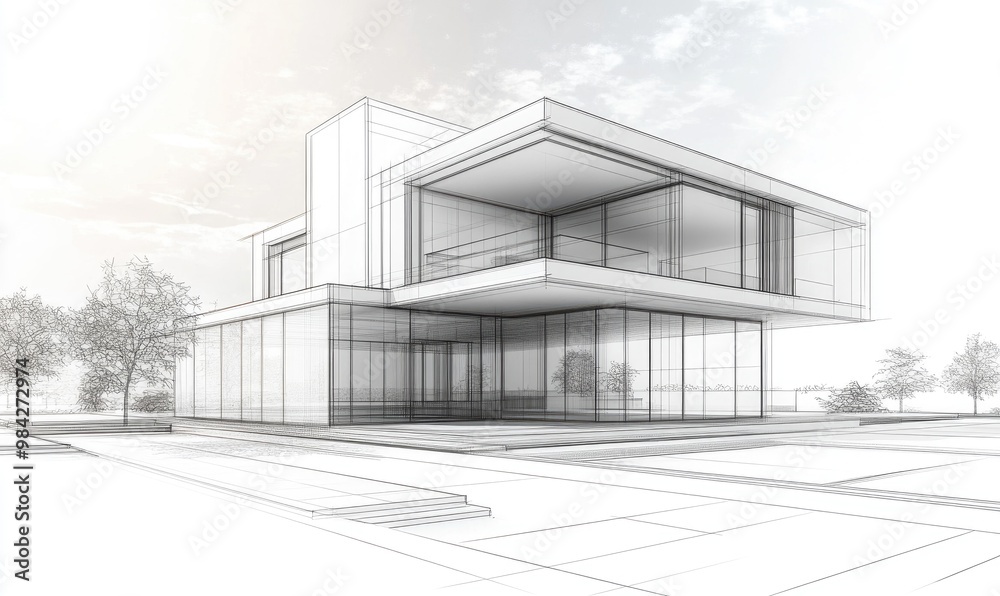 Line art depiction of contemporary architectural design in 3D format ...