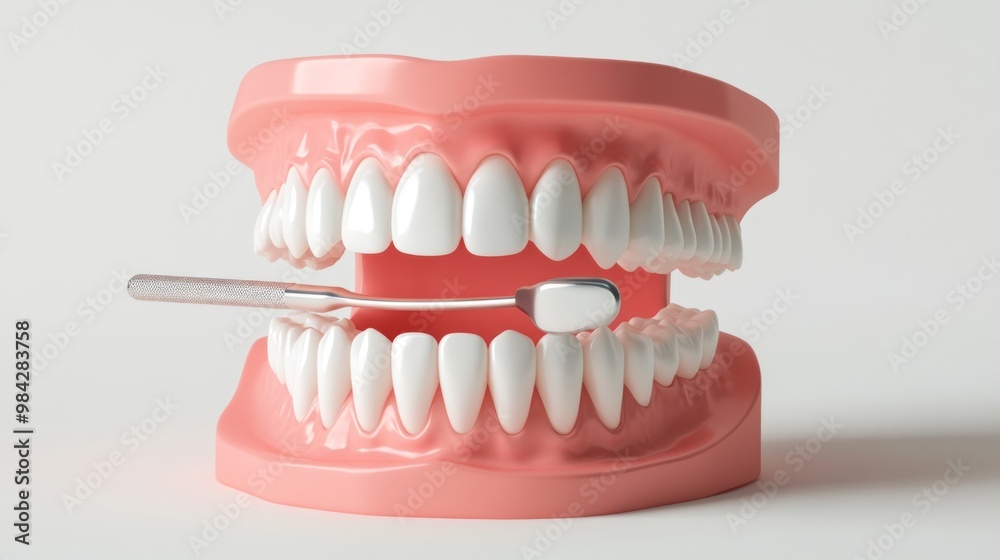 A dental model featuring an oversized set of teeth with a metal tool ...