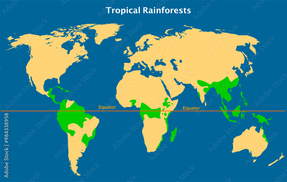 Vector de Stock Tropical rainforests, rain forest in earth equator map ...