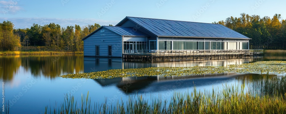 A sustainable fish hatchery with James Hardie siding, set on a lake ...