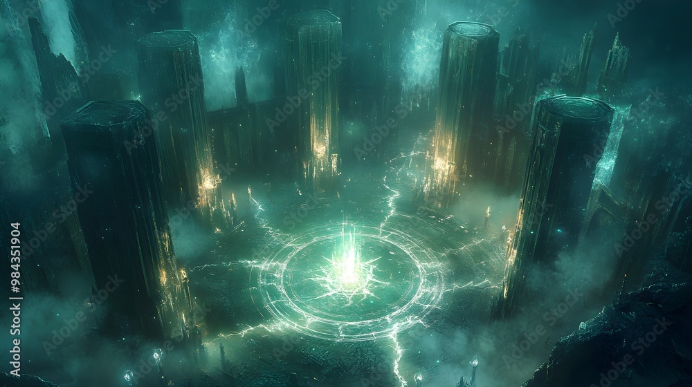 An ethereal courtyard encircled by towers of sorcerers, each tower ...