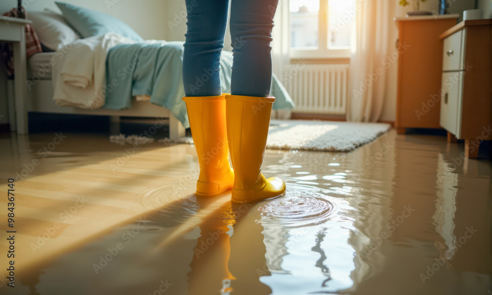 Indoor flood scene with person wearing yellow boots standing in water ...