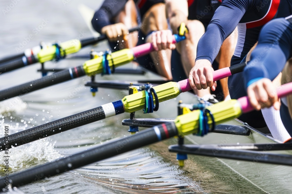 Team of rowers paddling in unison during a race. Sports and teamwork ...