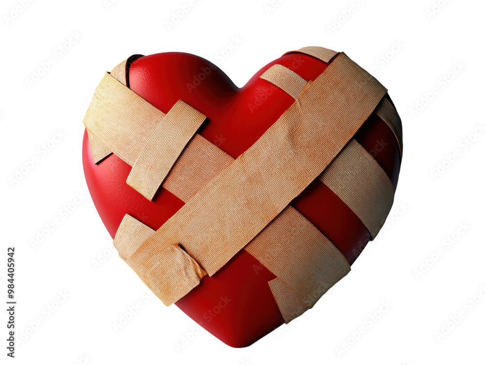 Broken red heart patched with bandages, symbol of healing or heartbreak ...