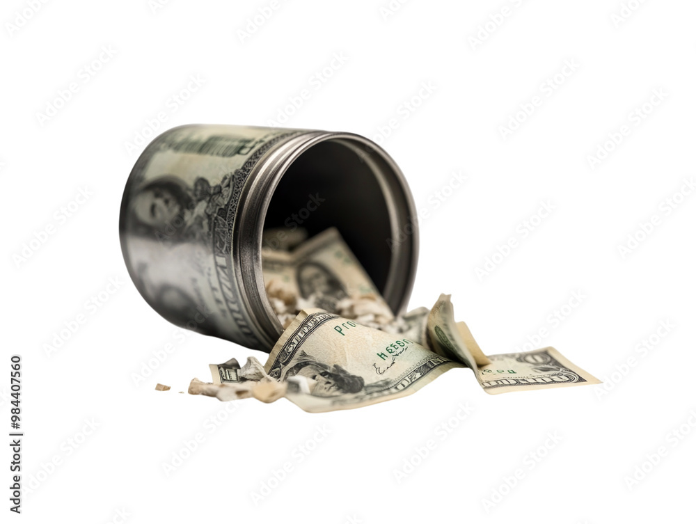 Crumpled dollar bills spilling out from a metal trash bin, isolated on ...