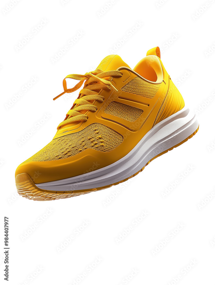 Yellow sneaker floating with untied laces, isolated on a white ...