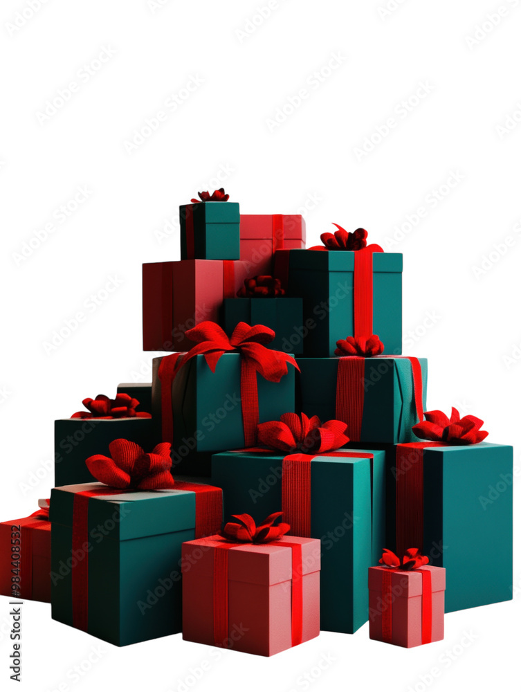 Stack of Christmas presents wrapped with red and green ribbons ...