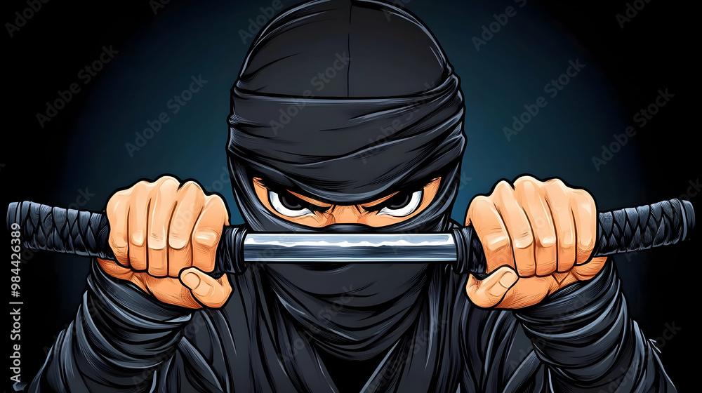 A Close-Up Illustration of a Ninja Holding a Katana Sword in Front of ...