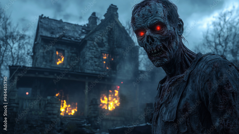A horrifying, decayed zombie with glowing orange eyes lurks in front of ...