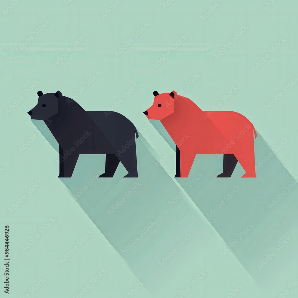 Two stylized bears, one black and one red, depicted on a light green ...