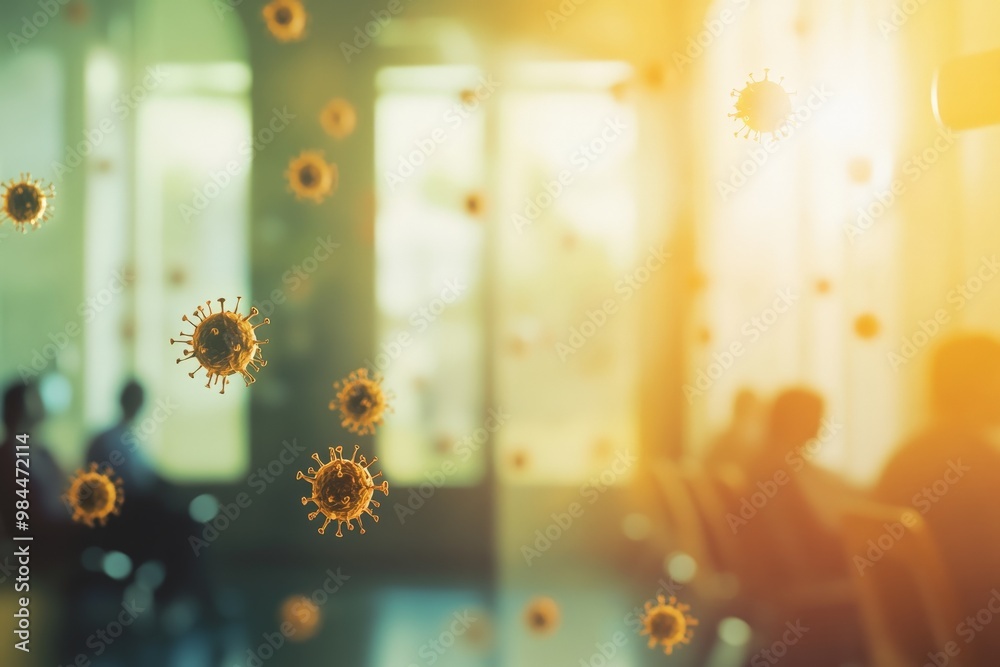 A common area showing floating virus particles, representing the ease ...
