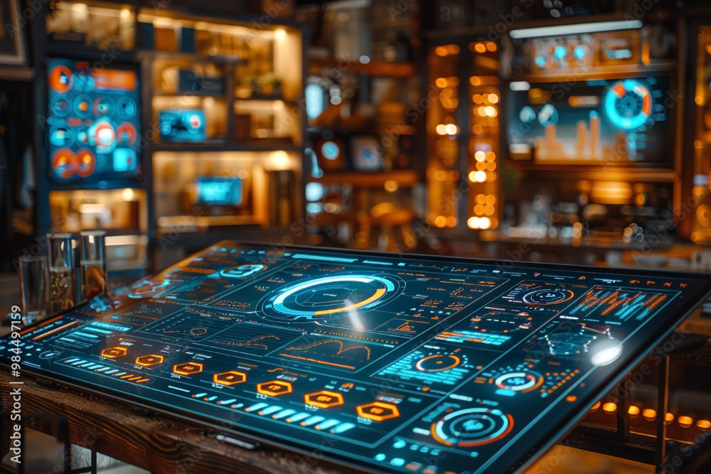 Futuristic control room with a large interactive touchscreen display showing data visualizations ...