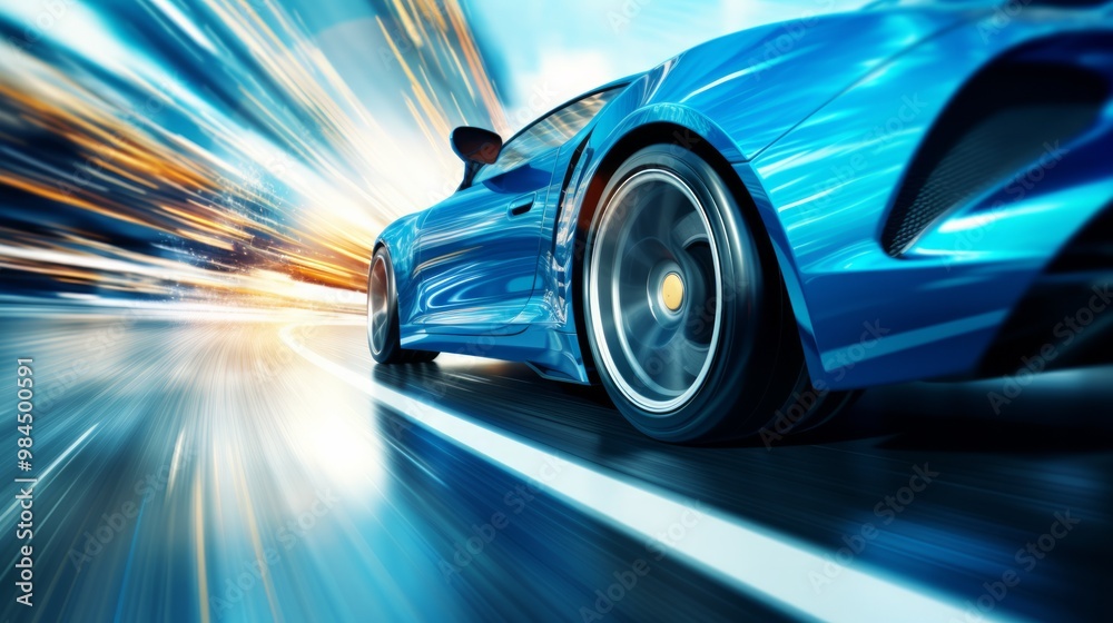 Movement shot of fast blue car driving on asphalt road with high speed ...