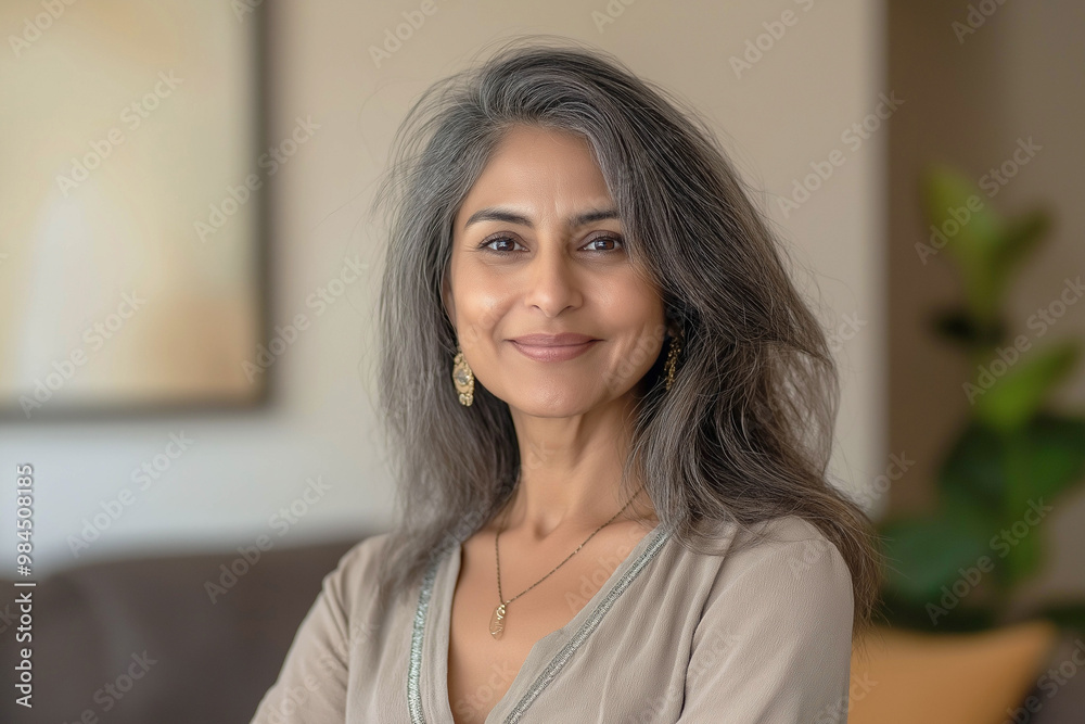 Photo of a smiling 50-year-old Indian woman with gray hair in a light ...